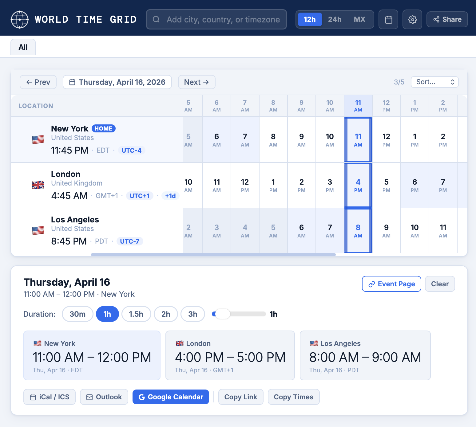 World Time Grid — Visual Time Zone Converter & Meeting Planner